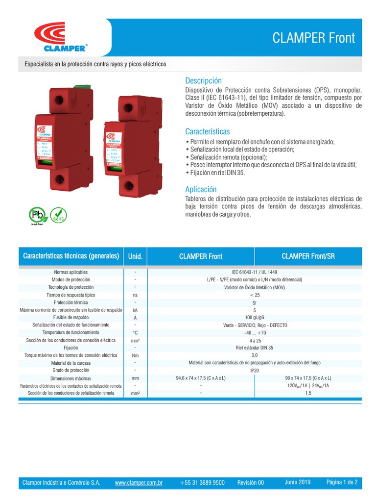 Protección Sobretensiones CLAMPER Front | PDF | Fusible (Eléctrico) | Equipo eléctrico