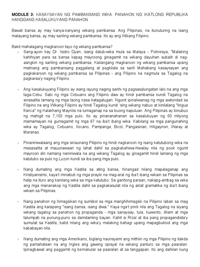 Module 1 Kasaysayan NG Pambansang Wika P | PDF