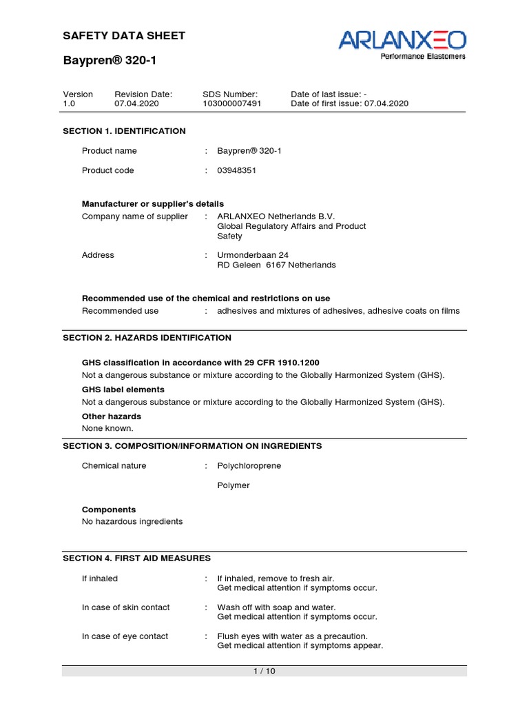 Baypren® 320-1 Safety Data Sheet | PDF | Dangerous Goods | Labor Relations