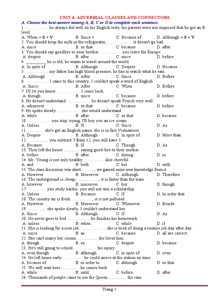 Adverbial Clauses Practice Exercises | PDF