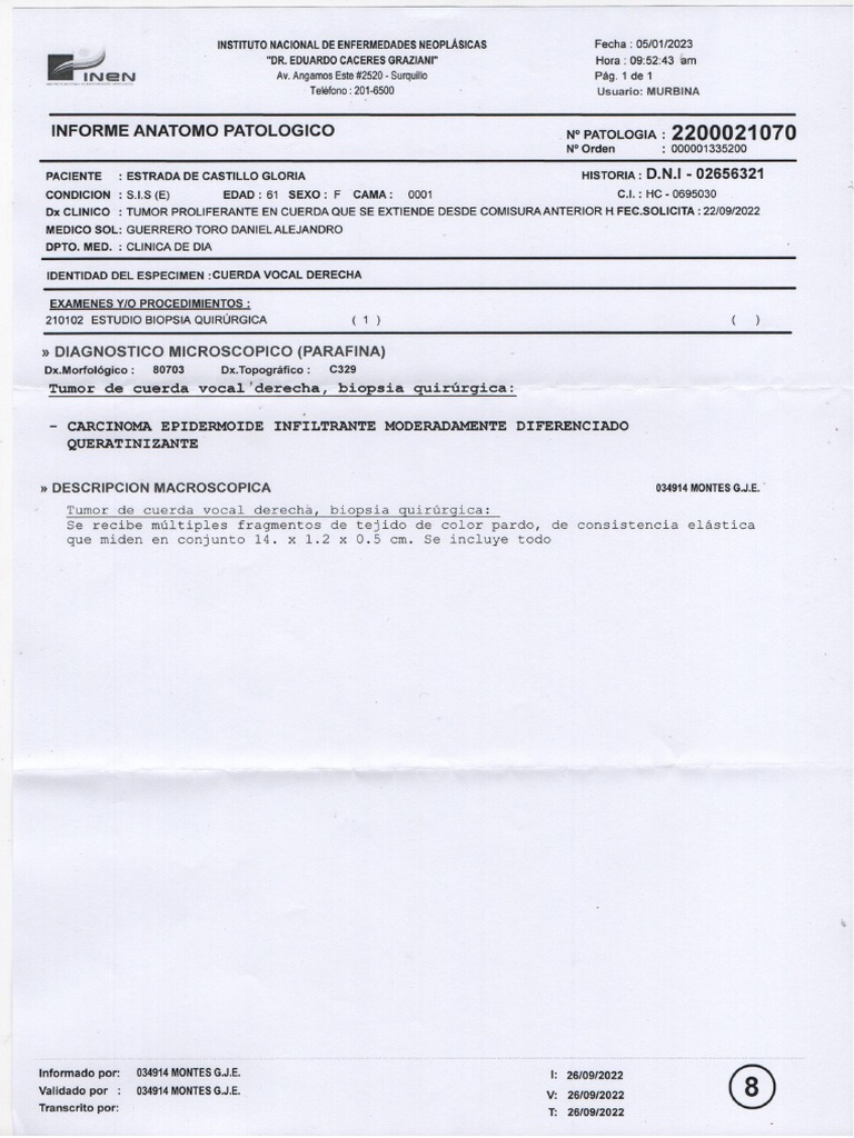 Informe Anatomo Patológico - Gloria Estrada de Castillo | PDF