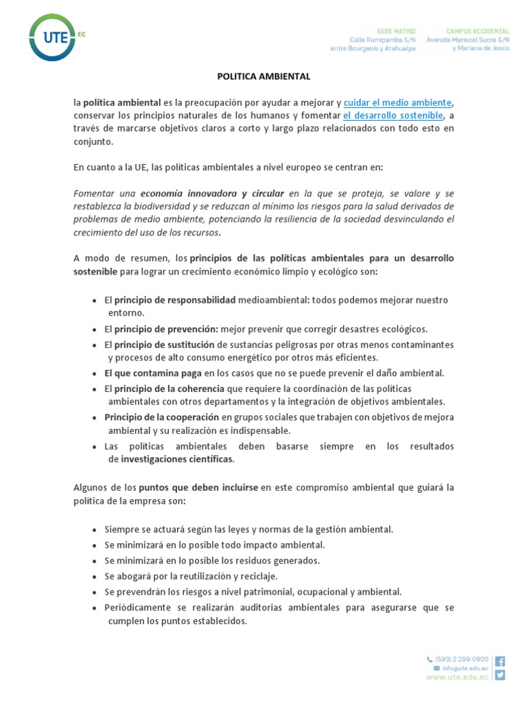 Politica Ambiental Ejemplos | PDF | Sustentabilidad | Entorno natural