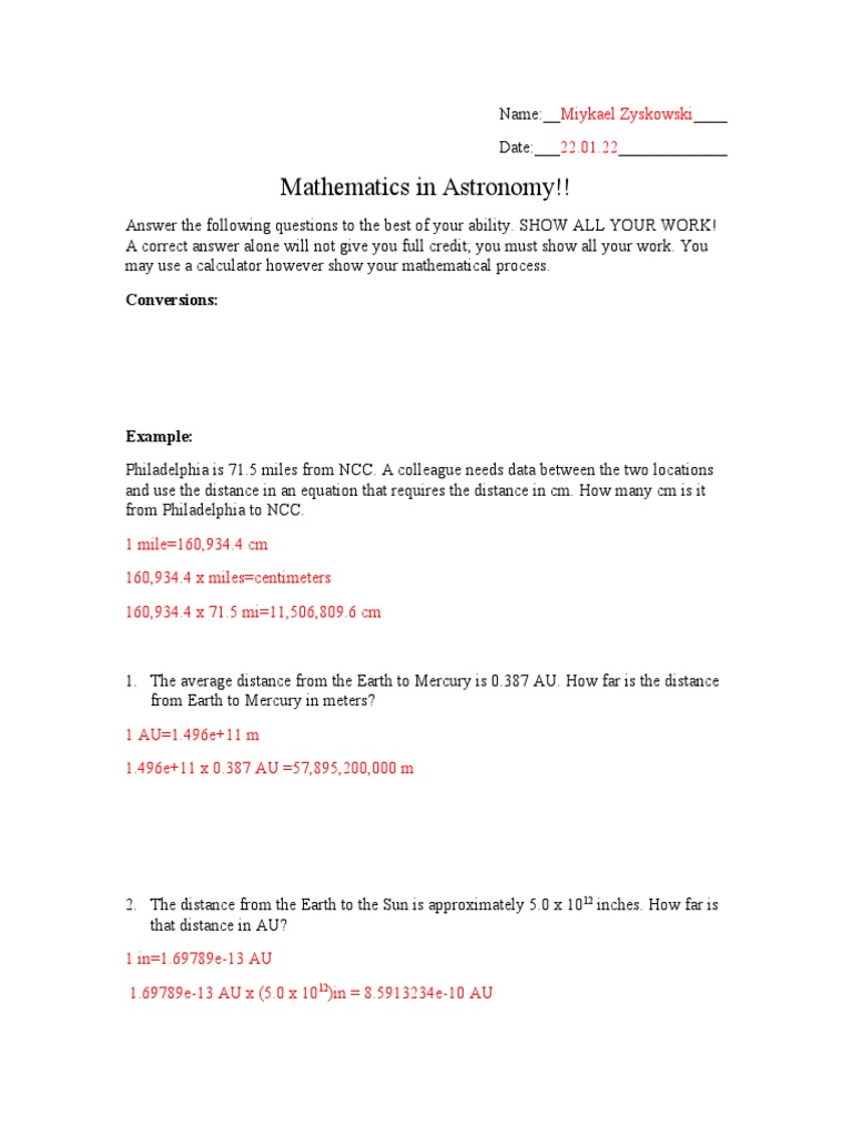 Astronomy Mathmatics Test Miykael Zyskowski | PDF | Astronomical Unit ...