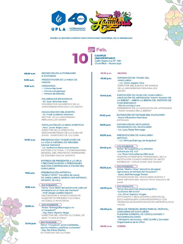 Programa Final IV Congreso Del Huaylarsh - Upla | PDF