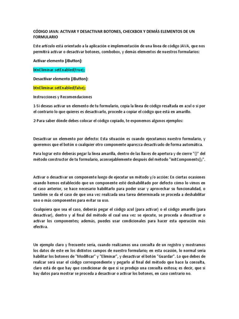 Activar y Desactivar Objetos en Java | PDF | Java (lenguaje de programación) | Método ...