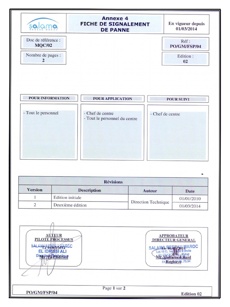 Fiche de Signalement de Panne | PDF
