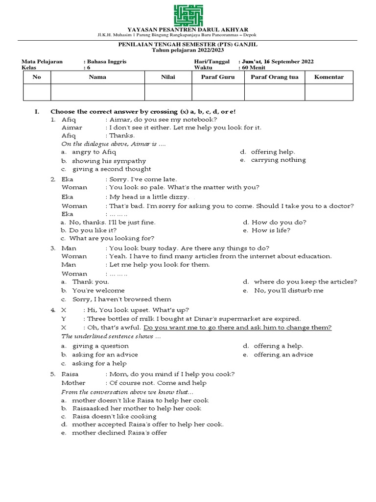 Soal UTS B.Inggris 6 | PDF