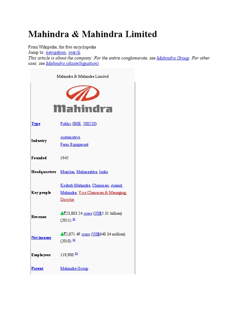 Mahindra and Mahindra Intro | PDF | Motor Vehicle | Vehicle Industry