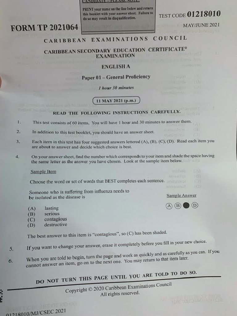 CSEC ENGLISH A Paper 1 2021 June | PDF