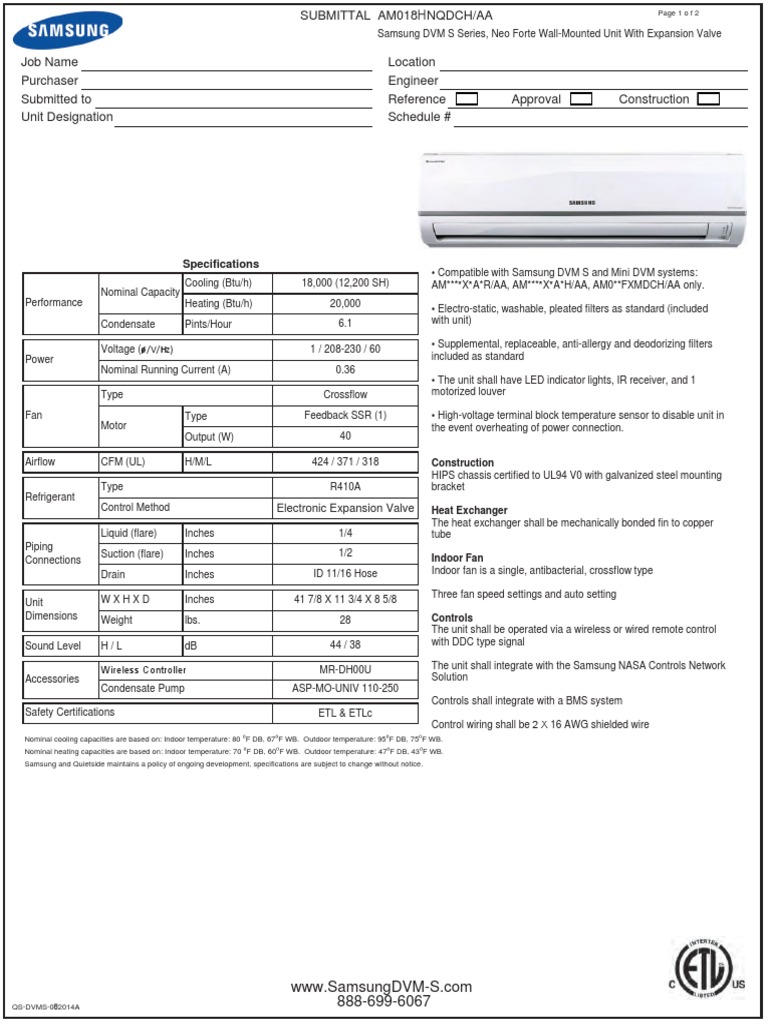 Samsung DVM S Series, Neo Forte Wall-Mounted Unit With Expansion Valve ...