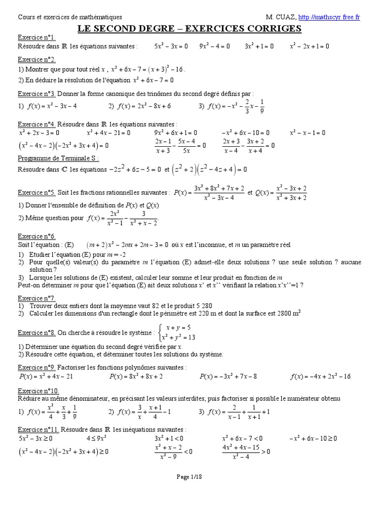 TD5 Equations Second Degre (Enoncés Et Corrigés) | PDF | Coordonnées cartésiennes | Courbe