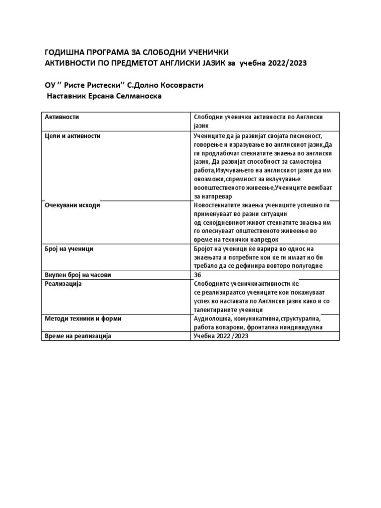 ГОДИШНА за слободни ученички активности Pdf