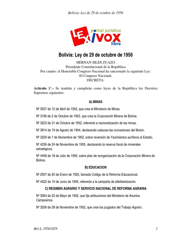 Bolivia: Ley de 29 de Octubre de 1956 | PDF | Bolivia | Reforma agraria