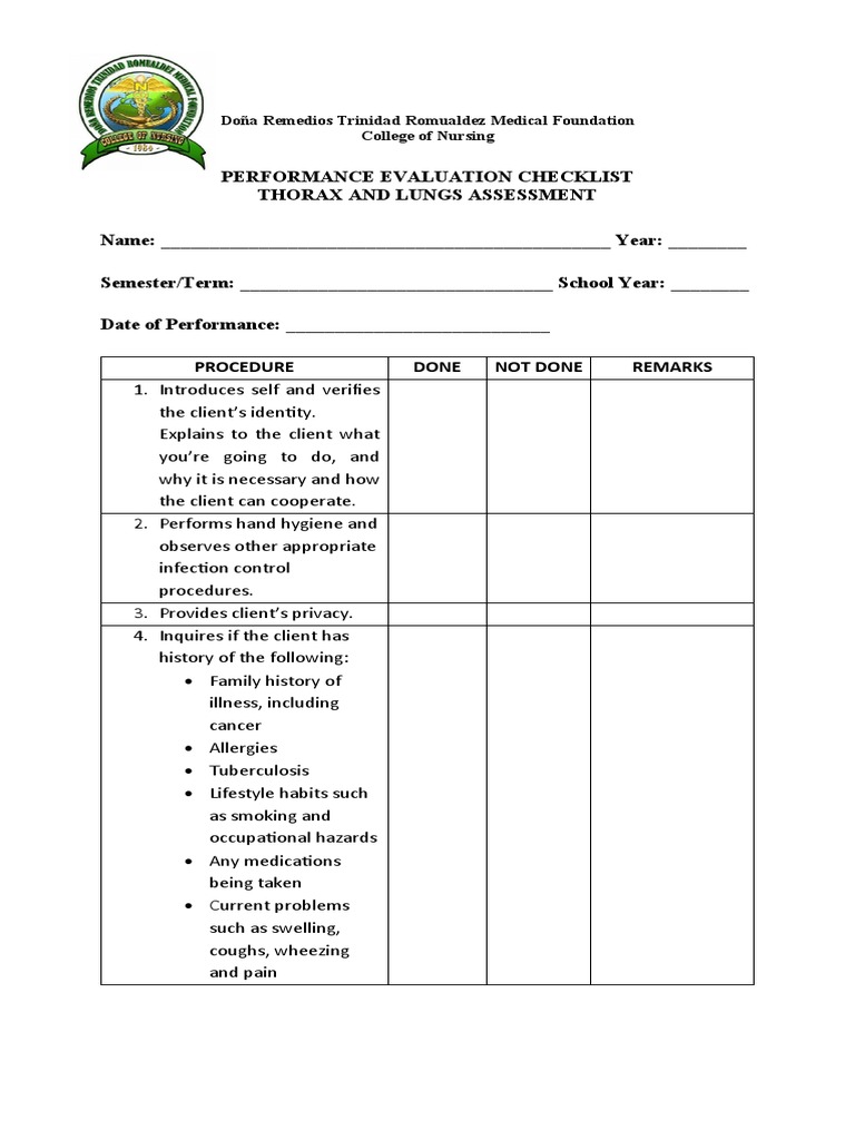 Performance Evaluation Checklist Thorax and Lungs Assessment | PDF ...