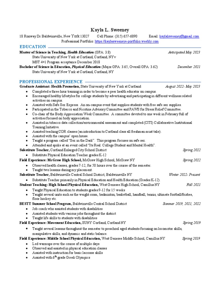 Kayla Sweeney Resume For Weebly | PDF | Physical Education | Teachers