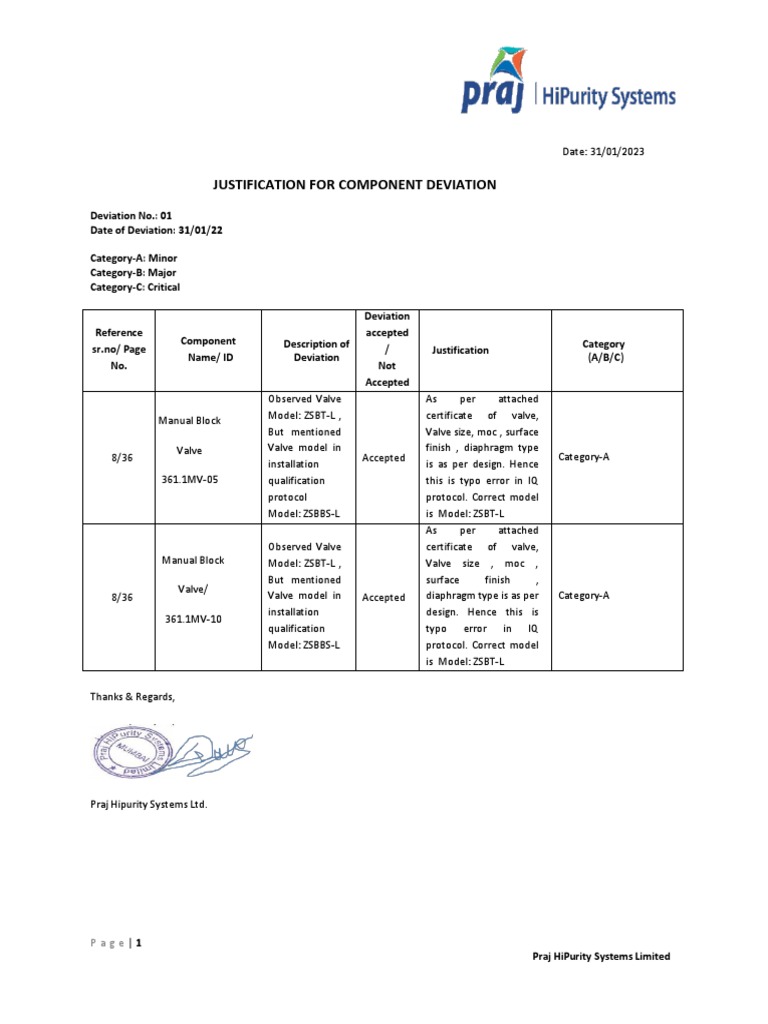 Deviation List of Component and Justifiction | PDF