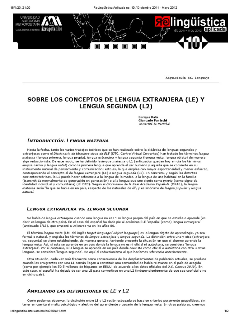 Lengua Extranjera vs. Lengua Segunda | PDF | Primer idioma | Cognición