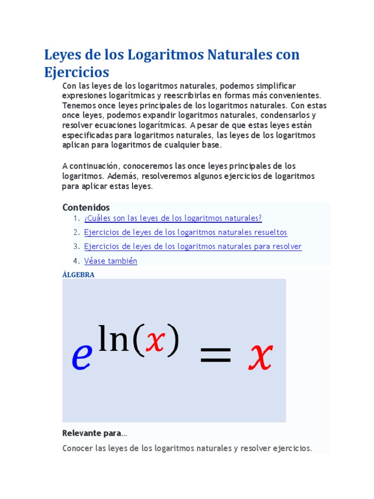 Hoja De Trabajo Sobre Las Leyes De Los Logaritmos