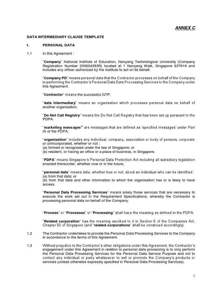 (IV) Annex C - Data Intermediary Clause | Download Free PDF | Employment | Indemnity