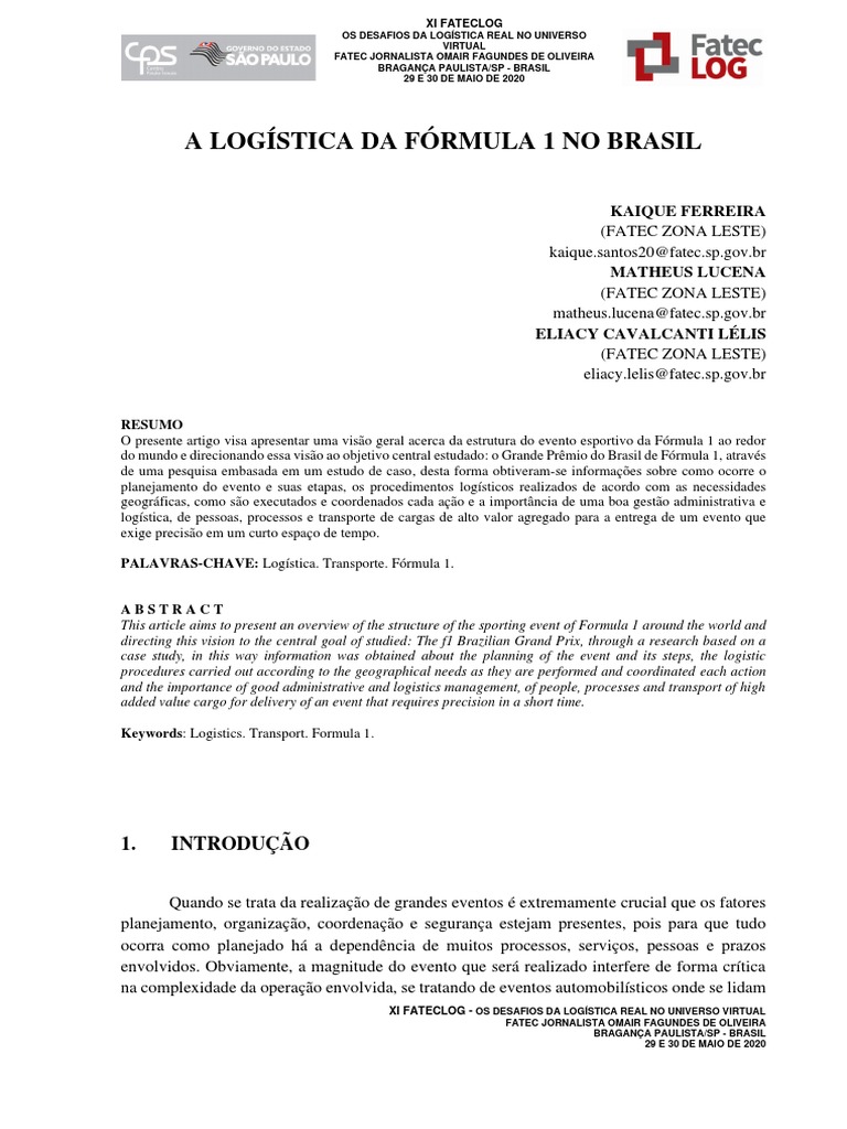 A Logística Da Fórmula 1 No Brasil (Portugués) Autor Kaique Ferreita ...