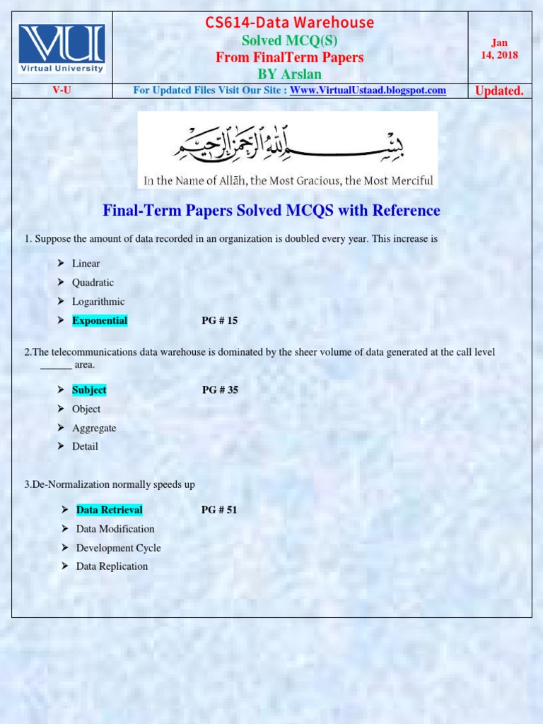 CS614-FinalTerm MCQs With Reference Solved by Arslan | PDF | Data Warehouse | Database Index