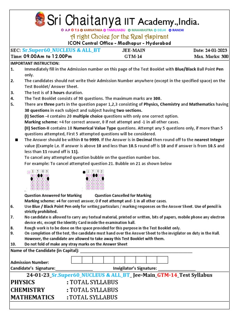 24-01-2023 - SR - Super60 - NUCLEUS & ALL - BT - Jee-Main-GTM-14 - Q.PAPER | PDF | Liquids ...