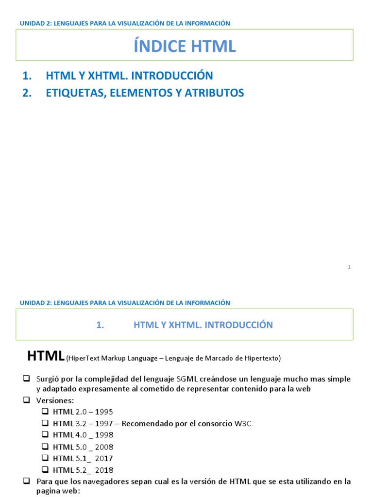 Índice HTML: 1. HTML Y Xhtml. Introducción 2 | PDF | HTML | Xml