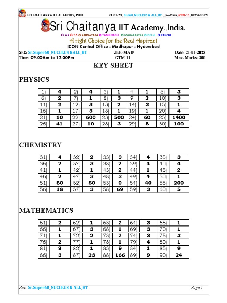 21-01-2023 - SR - Super60 - NUCLEUS & ALL - BT - Jee-Main-GTM-11 - KEY & Sol'S | PDF | Mole ...