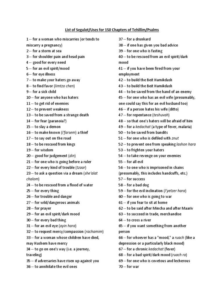 List of 150 Tehillim Segulot | PDF