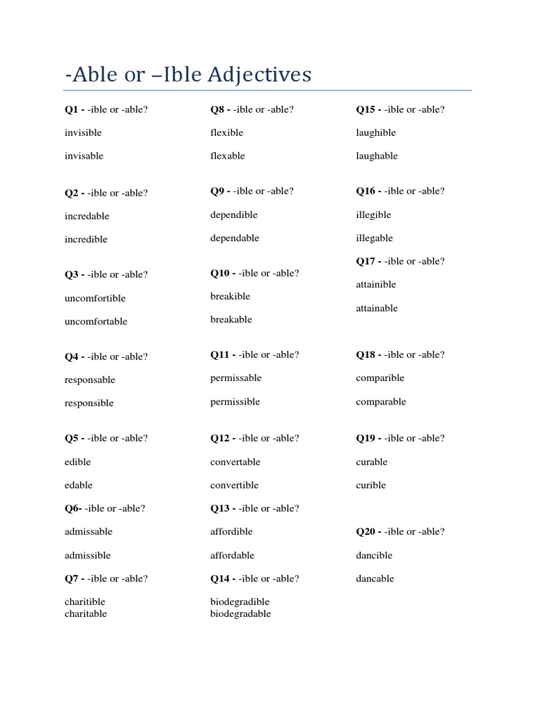 Able vs. Ible Adjectives Guide | PDF