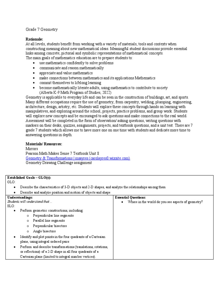 Geometry Unit Plan | Download Free PDF | Cartesian Coordinate System ...
