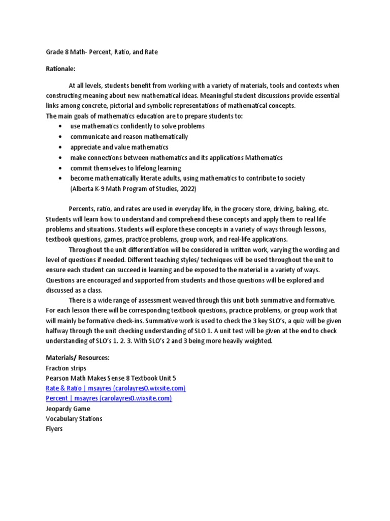 Percent Ratio and Rate Unit Plan | PDF | Percentage | Mathematics
