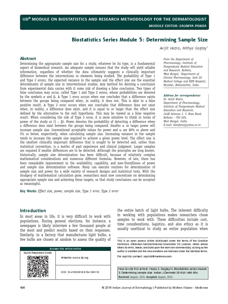 Biostatistics Series Module 5: Determining Sample Size | PDF | Standard Deviation | Type I And ...