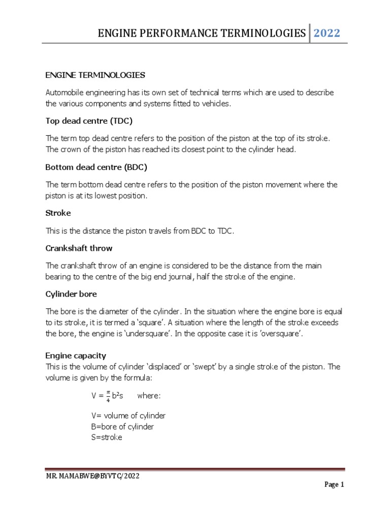 Engine Performance Terminologies | PDF | Engines | Piston