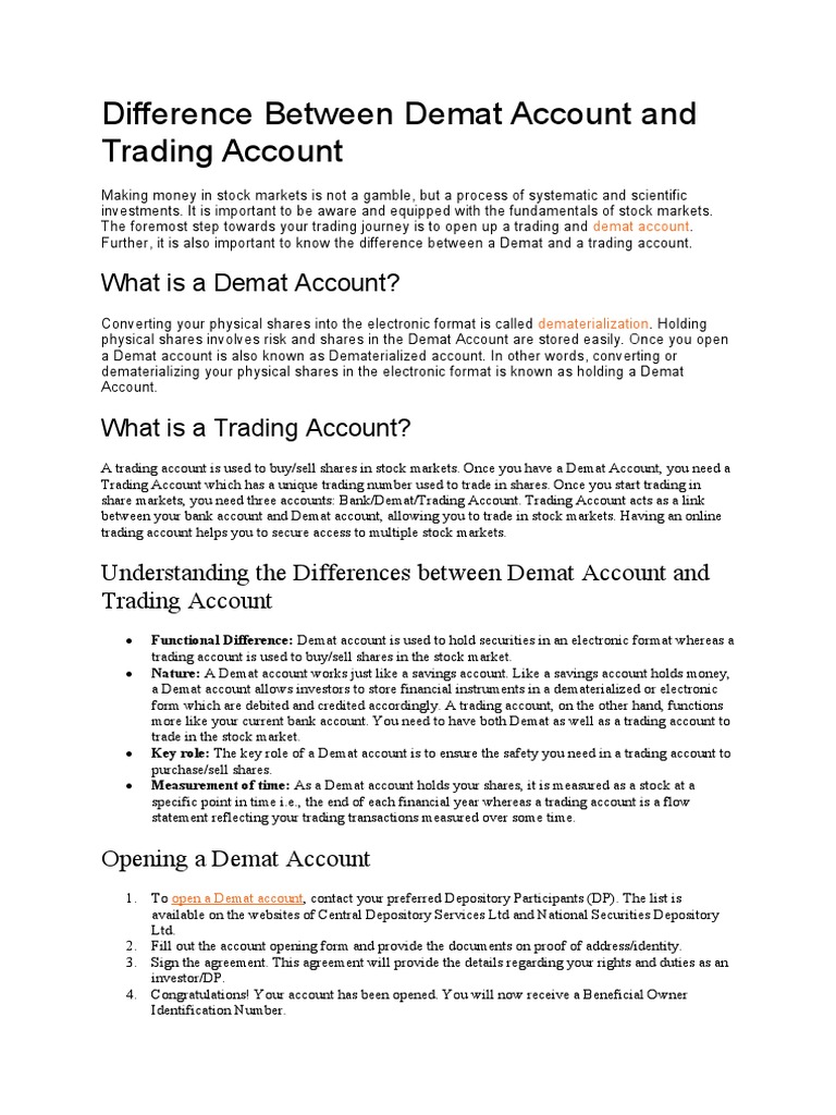 Difference Between Demat Account and Trading Account | PDF | Stocks | Service Industries