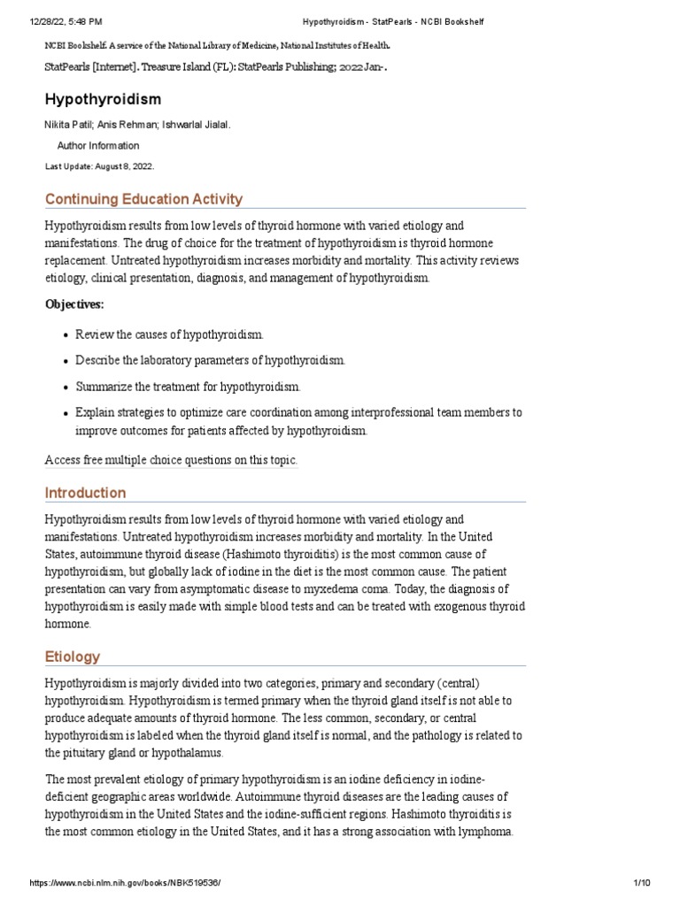 Hypothyroidism - StatPearls - NCBI Bookshelf | PDF | Hypothyroidism ...