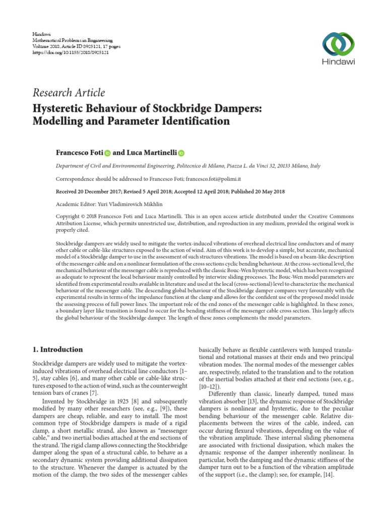 Research Article: Hysteretic Behaviour of Stockbridge Dampers ... Research Article: Hysteretic Behaviour of Stockbridge Dampers ...