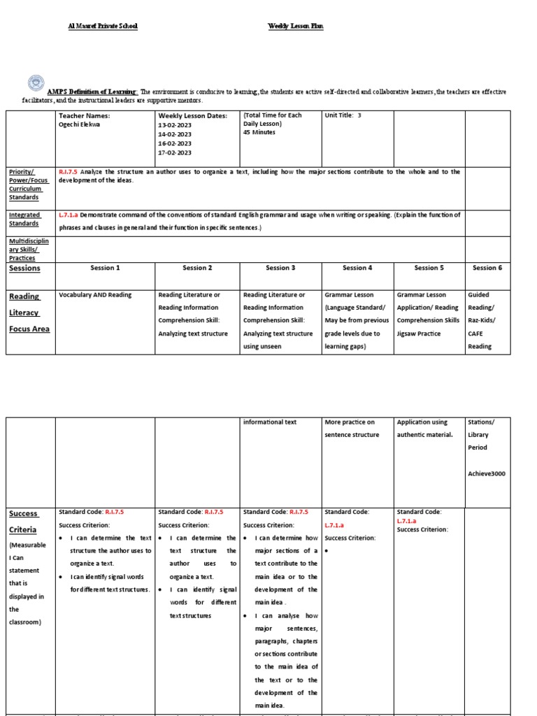 Lesson Plan Week 1 | PDF | Reading Comprehension | Lesson Plan