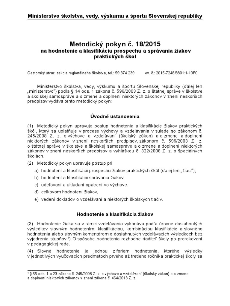 Metodický Pokyn Č. 18/2015: Ministerstvo Školstva, Vedy, Výskumu A ...