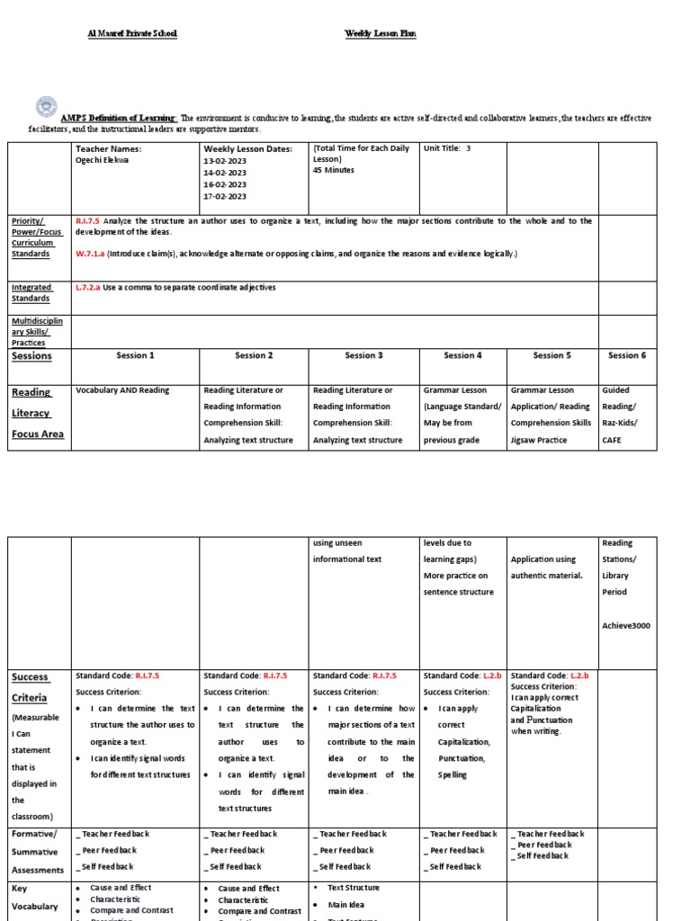 English Gr.7 LP Wk16.Jan | PDF | Reading Comprehension | Vocabulary