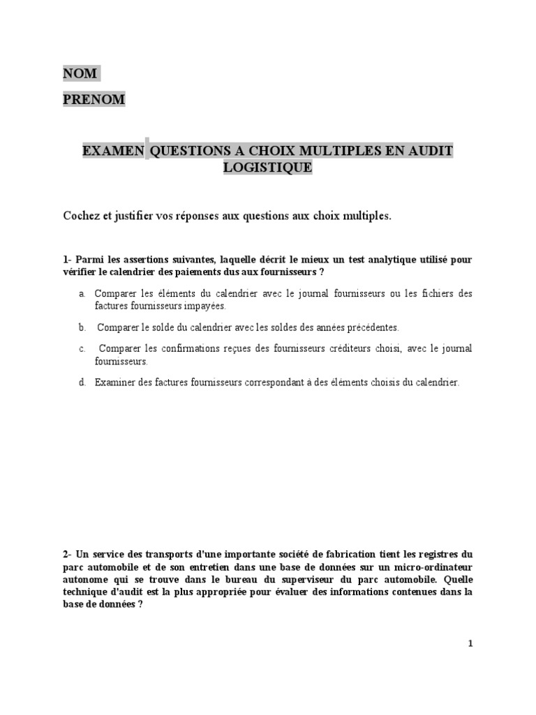 Examen Questions À Choix Multiples Audit Logistique | PDF | Bases de ...