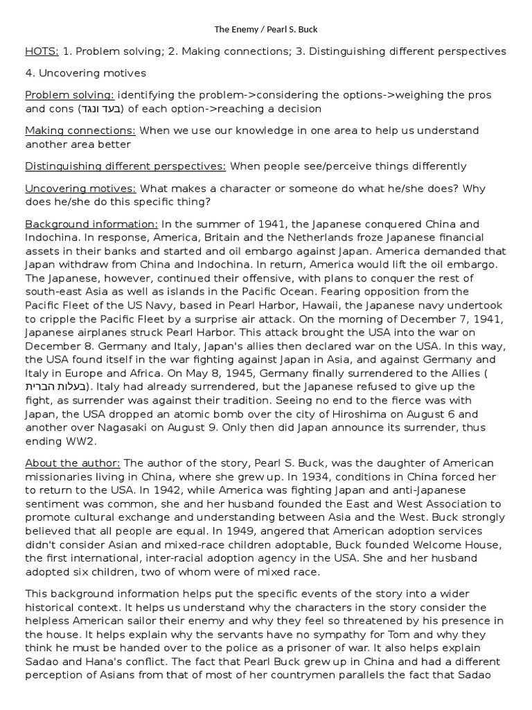 "Understanding 'The Enemy' by Pearl S. Buck" | PDF | Attack On Pearl ...