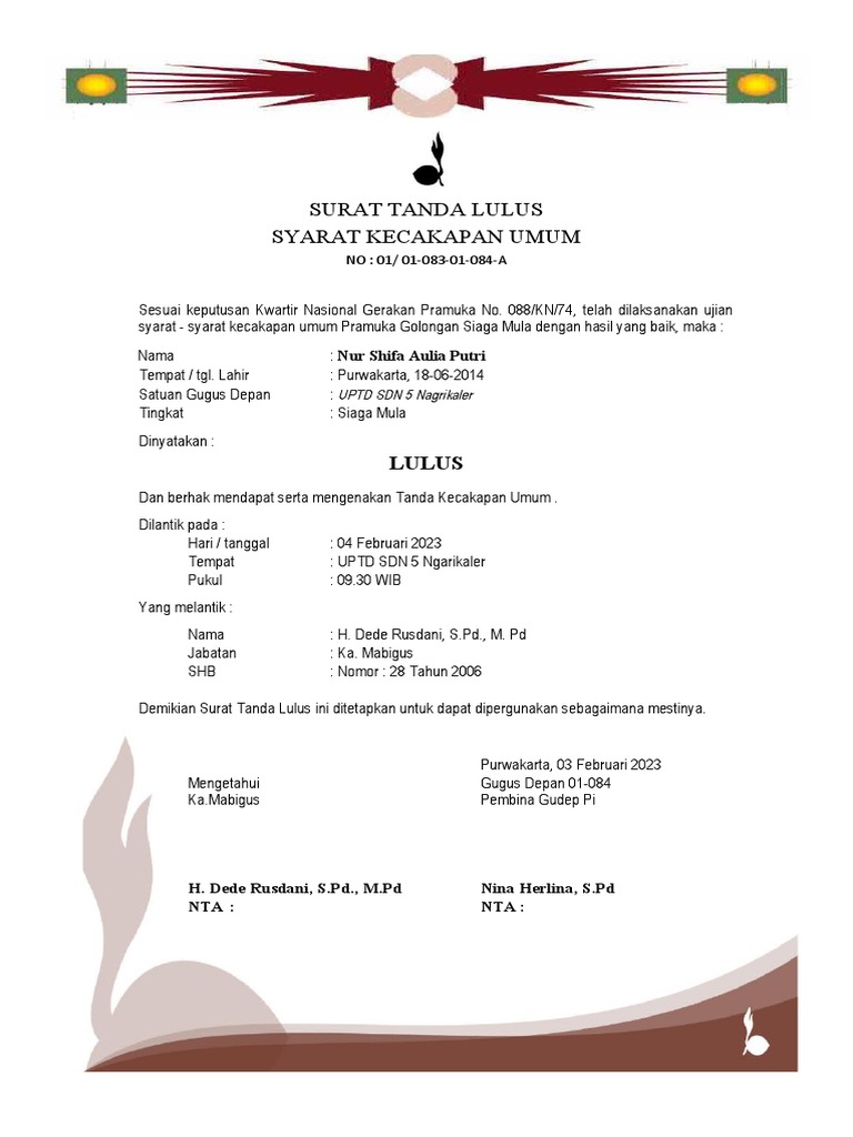 Surat Tanda Lulus SKU Alya Nurlianjani | PDF