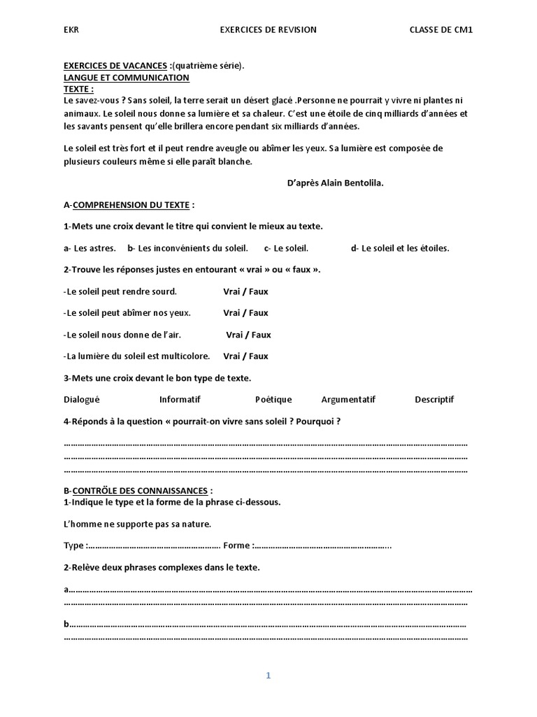 Exercices Révision CM1 | PDF | Soleil | Verbe