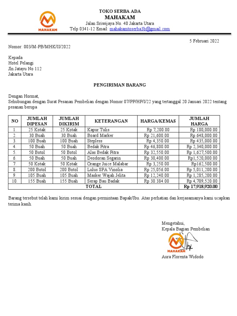 Surat Pengiriman Barang Toserba Mahakam Kepada Hotel Pelangi | PDF