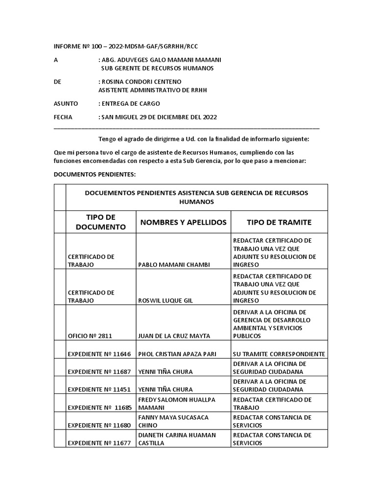 Informe #De Entrega de Cargo | PDF