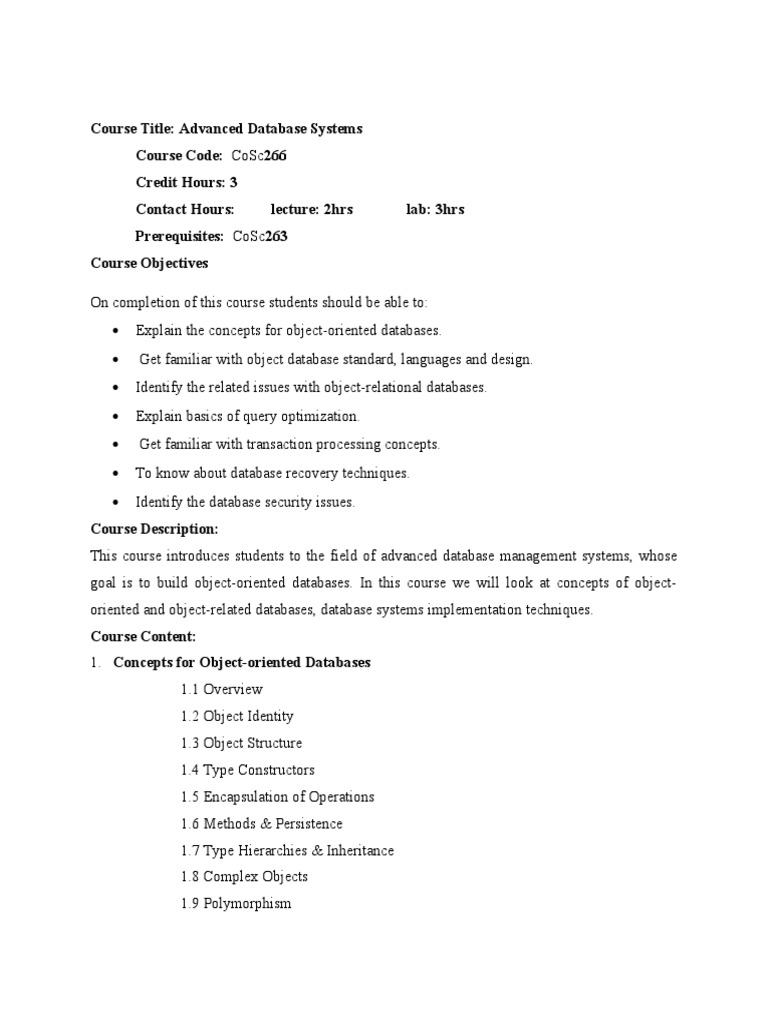 Advanced Data Base Course Outline (RVU) | PDF | Object (Computer Science) | Databases