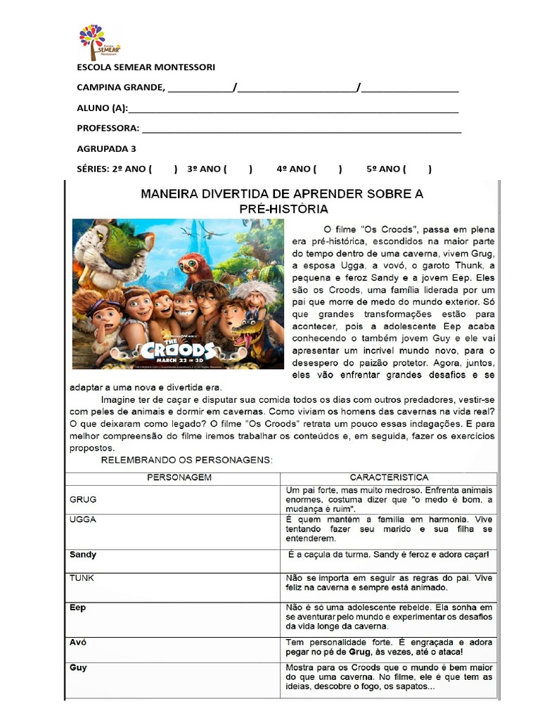 Atividade Sobre o Filme Os Croods | PDF