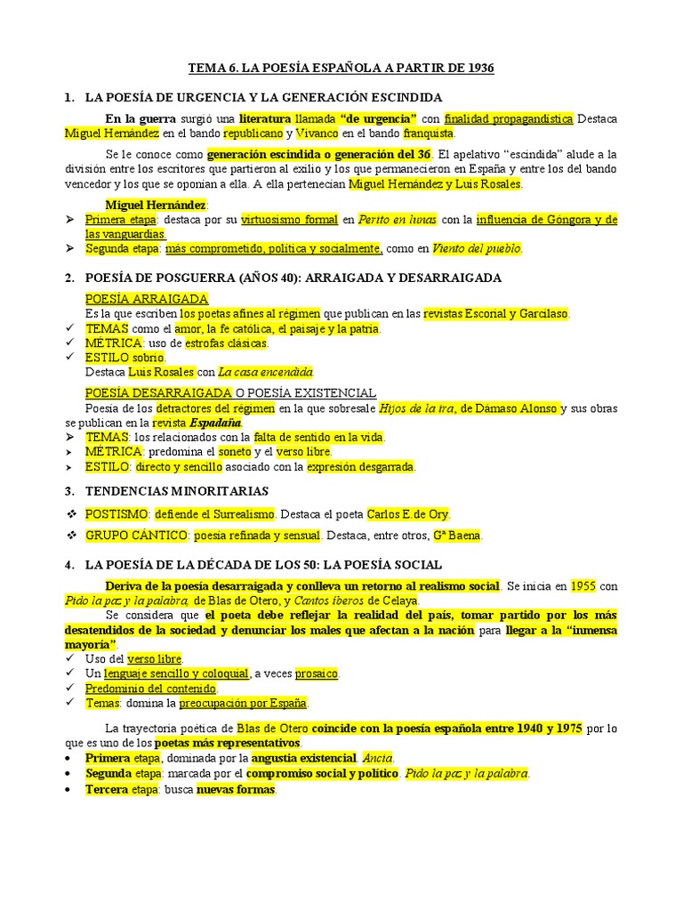 Tema 6. POESÍA DE POSGUERRA EXAMEN | PDF | Poesía | Literatura española