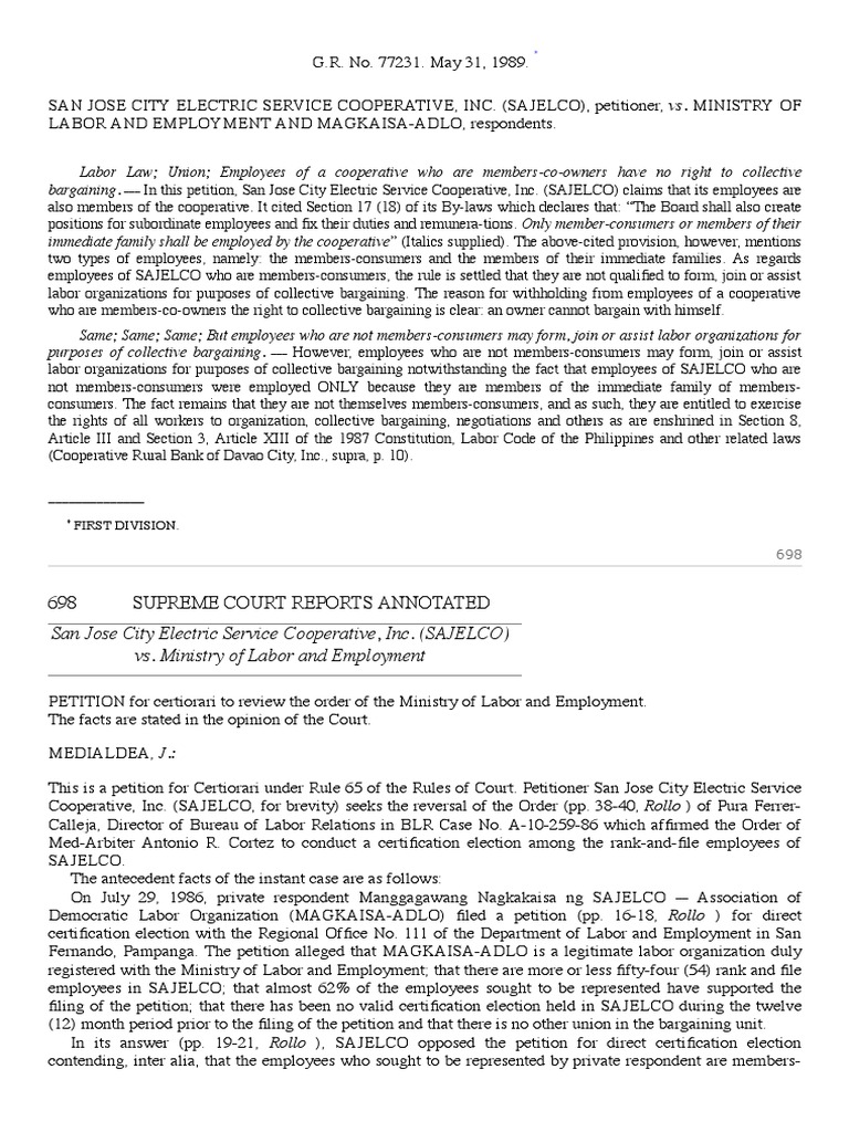 San Jose City Electric Service Cooperative, Inc. (SAJELCO) vs. Ministry ...